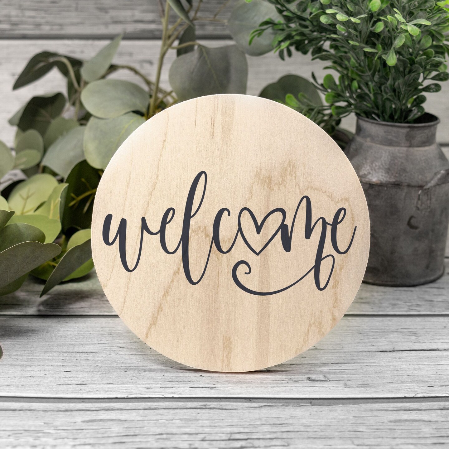 Round wooden welcome sign with heart Handcrafted welcome wood sign with ...