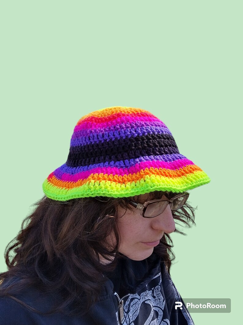 Neon rave crochet bucket hat, multicolored, crochet hat, bucket hat ...