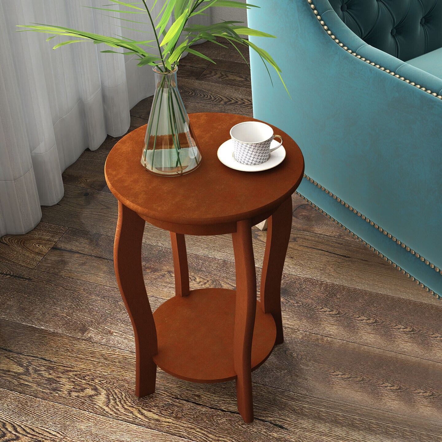 15 Inch 2 tier Round End Table With Storage Shelf walnut