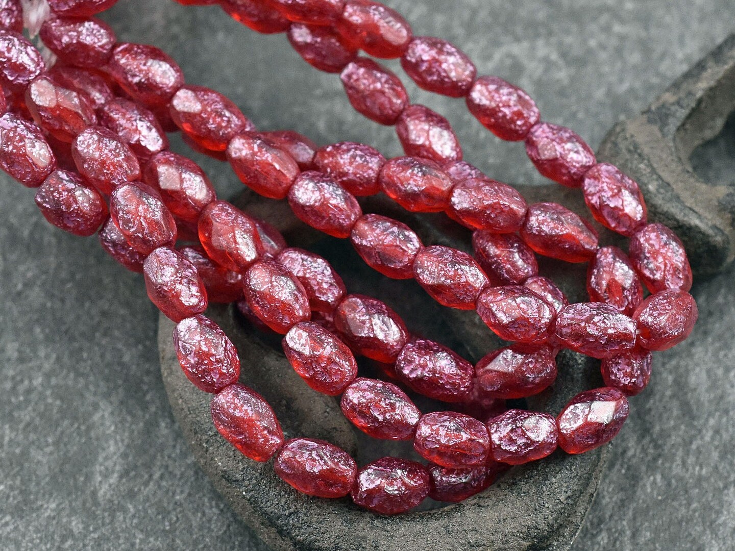 *20* 5x7mm Metallic Pink Washed Etched Ruby Red Fire Polished Faceted ...