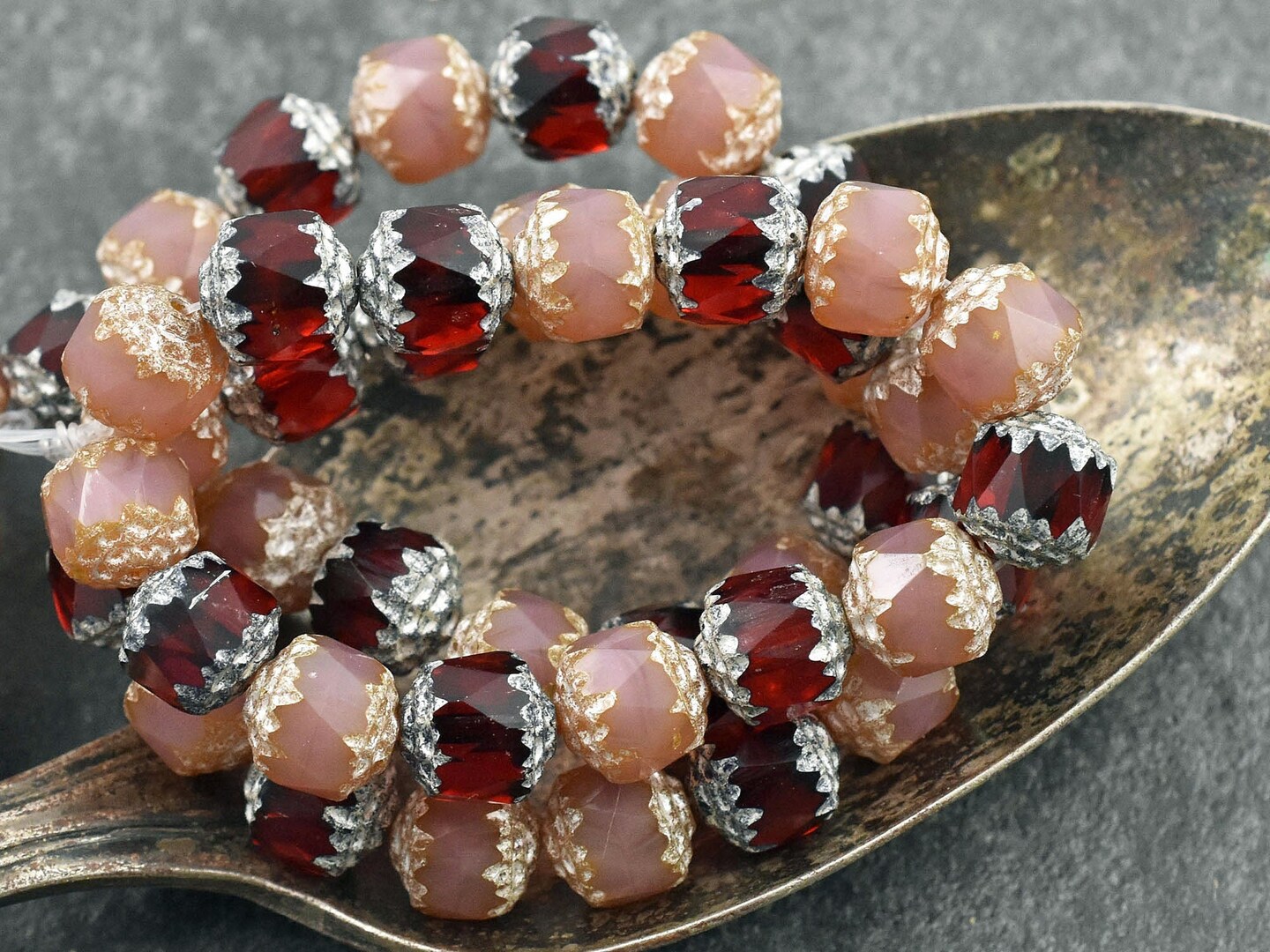 *15* 8mm Silver Washed Mixed Pink Opal and Ruby Red Fire Polished ...