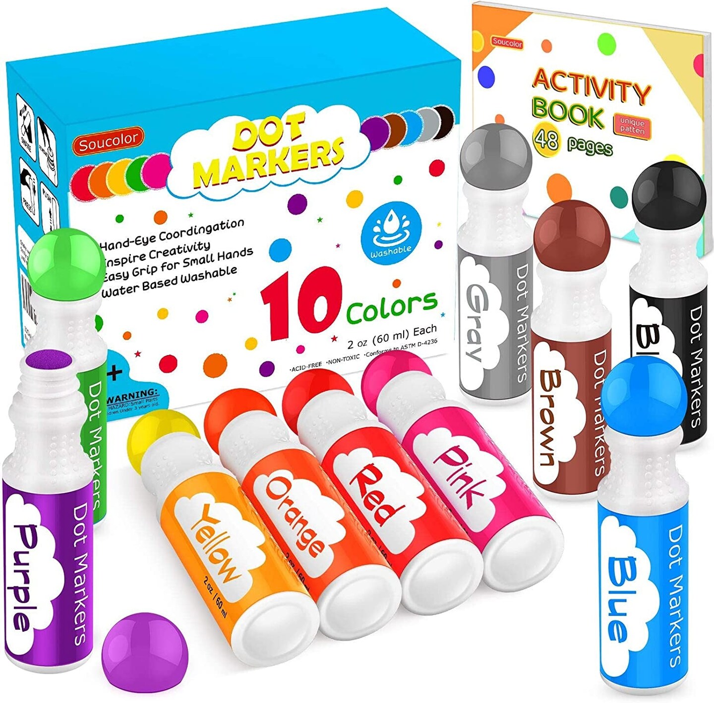 Washable Dot Markers for Toddlers Kids Preschool, 10 Colors 2 Oz Bingo ...