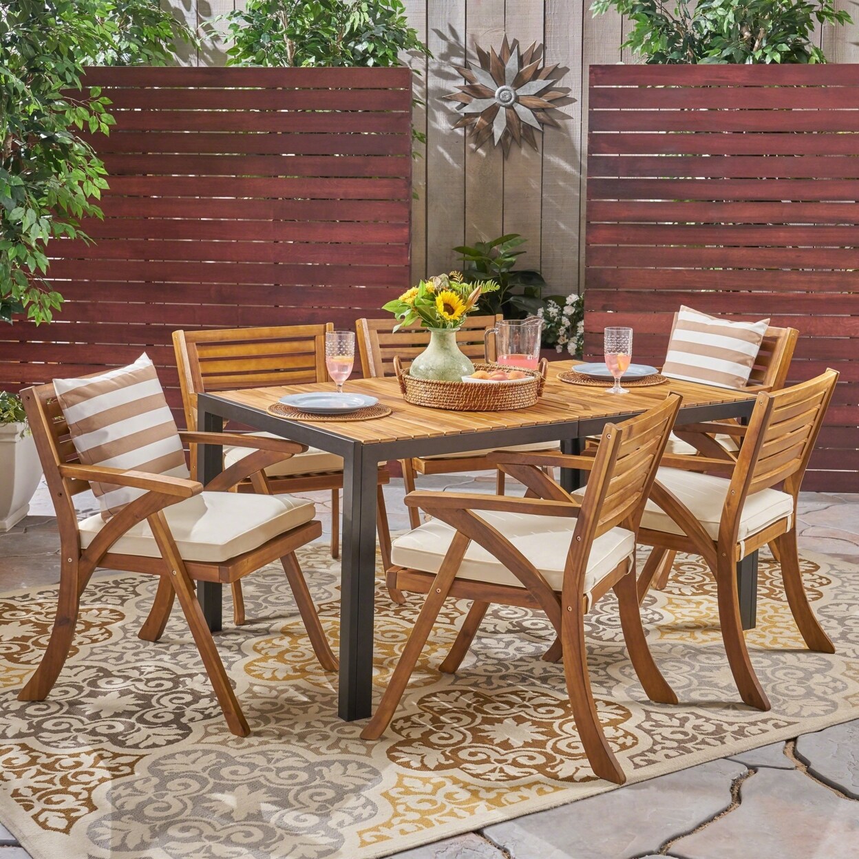 GDFStudio Melissa Outdoor 6-Seater Rectangular Acacia Wood and Iron ...
