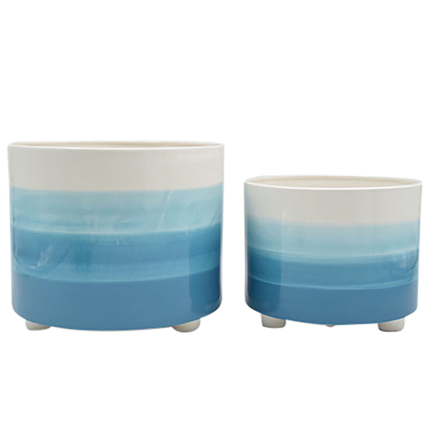 Kingston Living Set of 2 Blue and White Ceramic Footed Planters 12 ...
