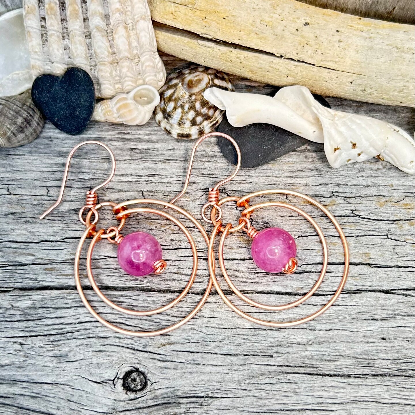 Pink and Copper Double Hoop Earrings, Pink Rubies with Copper ...