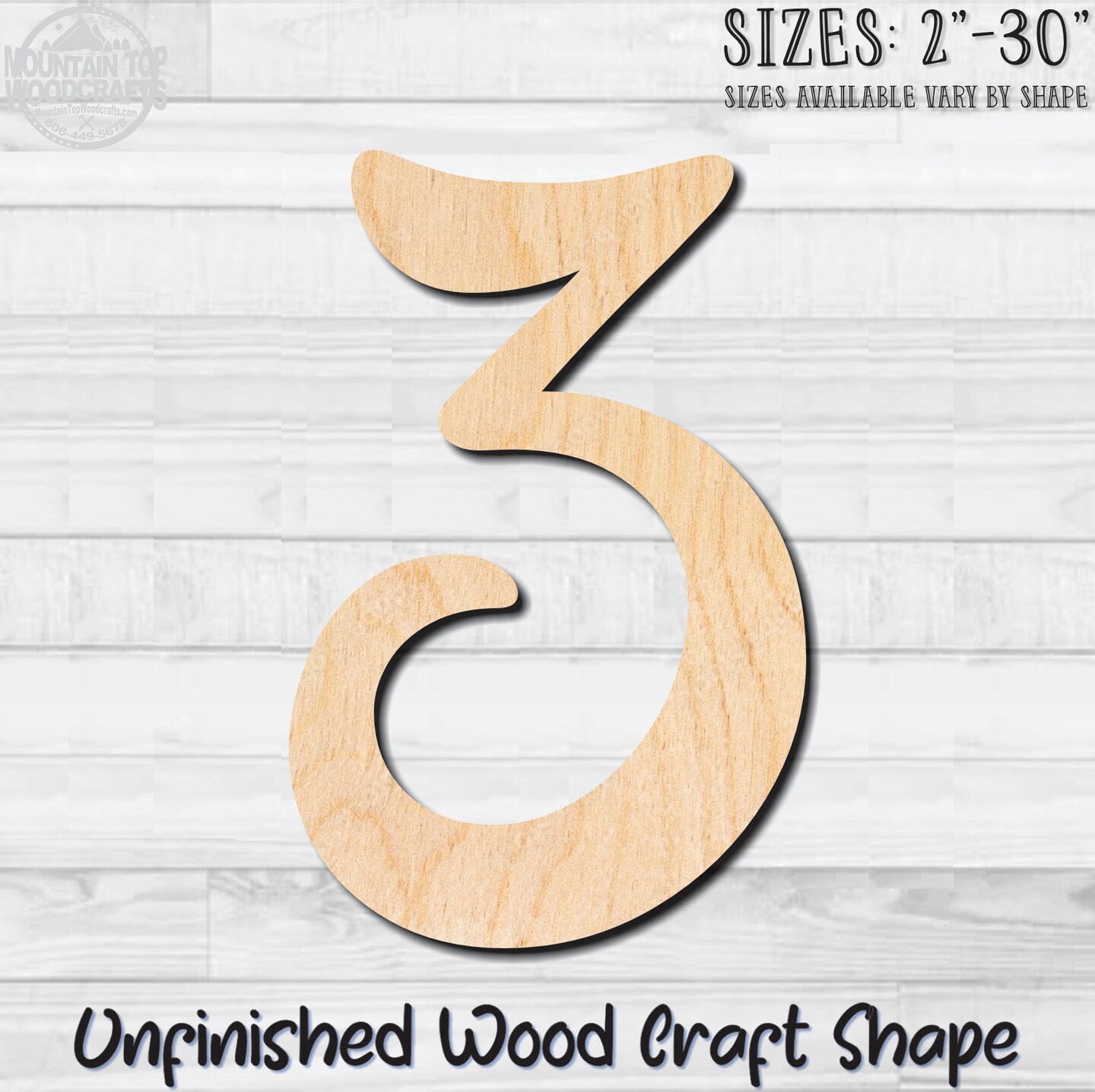 Script Number 3 Fancy Unfinished Wood Shape Blank Laser Engraved Cutout ...