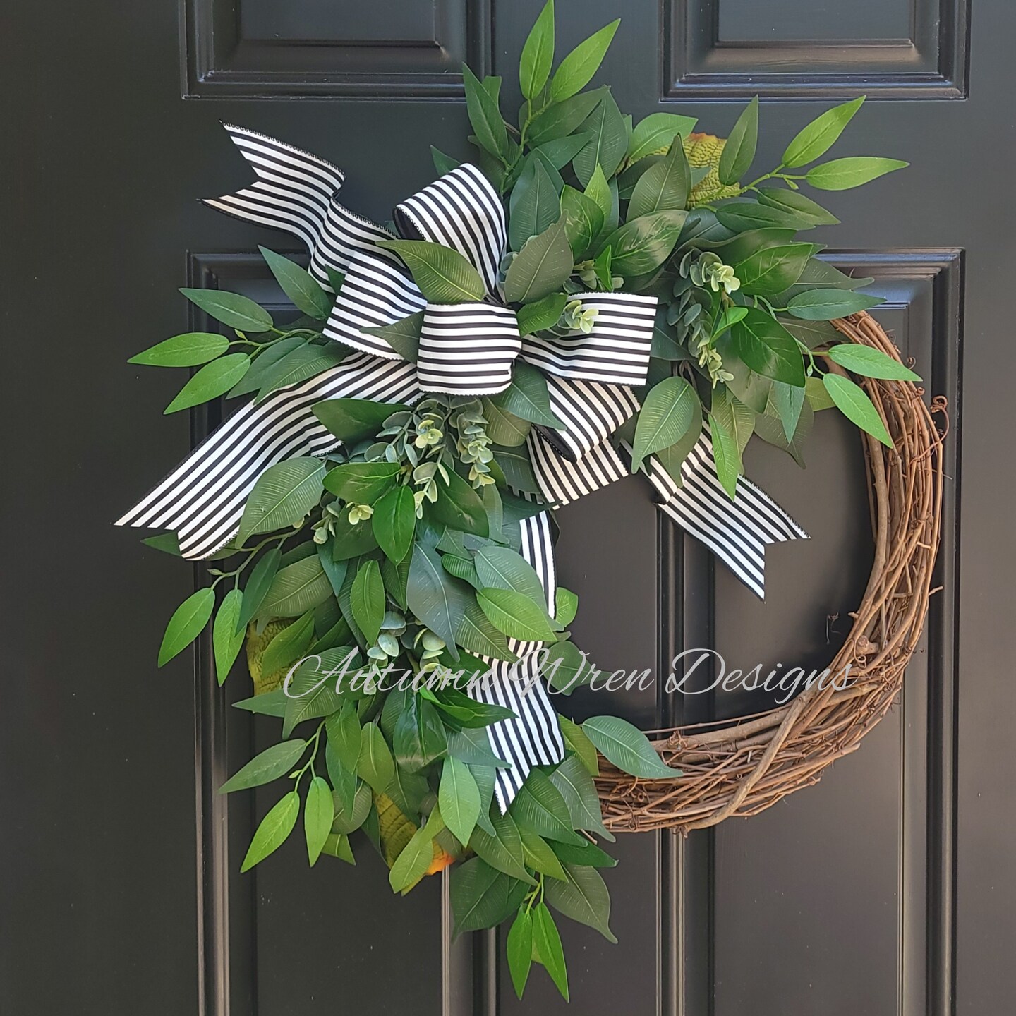 Year round greenery wreath, Door wreath with black and white striped ...