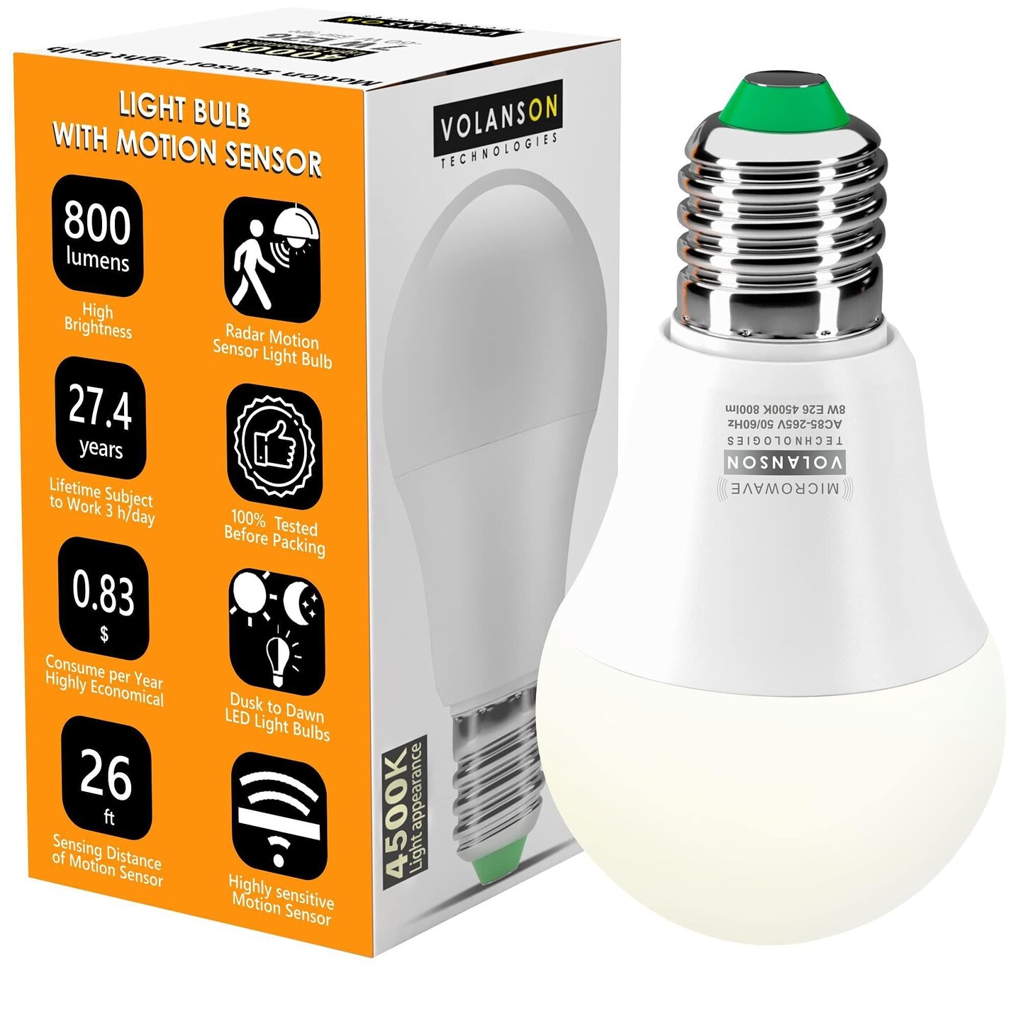 Motion Sensor Light Bulb Radar 800lm Daylight Outdoor Indoor Dusk to ...