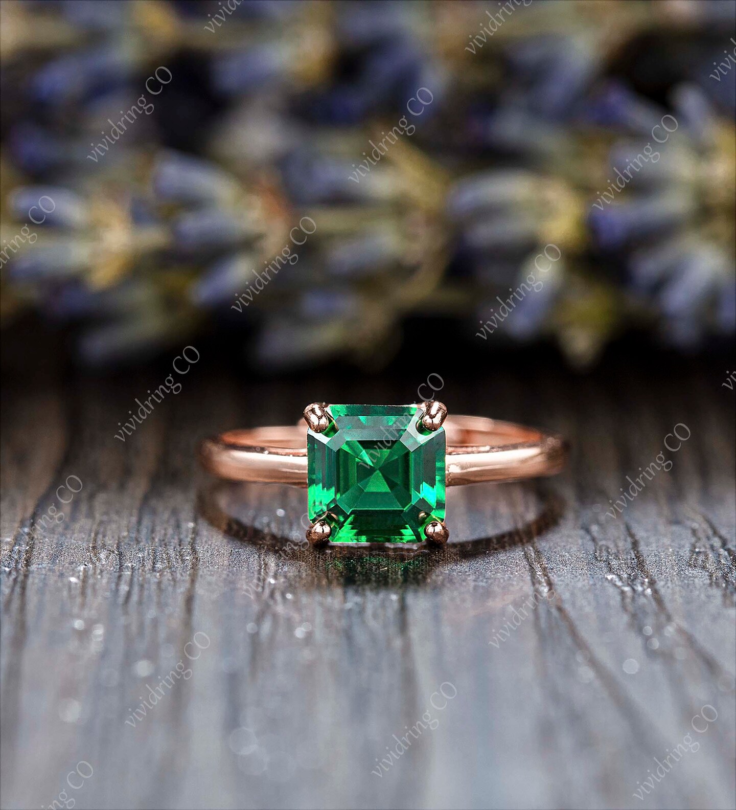Asscher cut lab emerald engagement ring, vintage rose gold solitaire ...