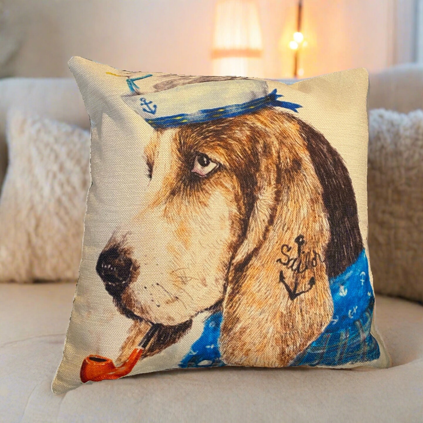 Basset Hound Hush Puppies Sailor with Pipe And Blue Shirt Decorative Throw Pillow Cover Dog Pillow MakerPlace by Michaels