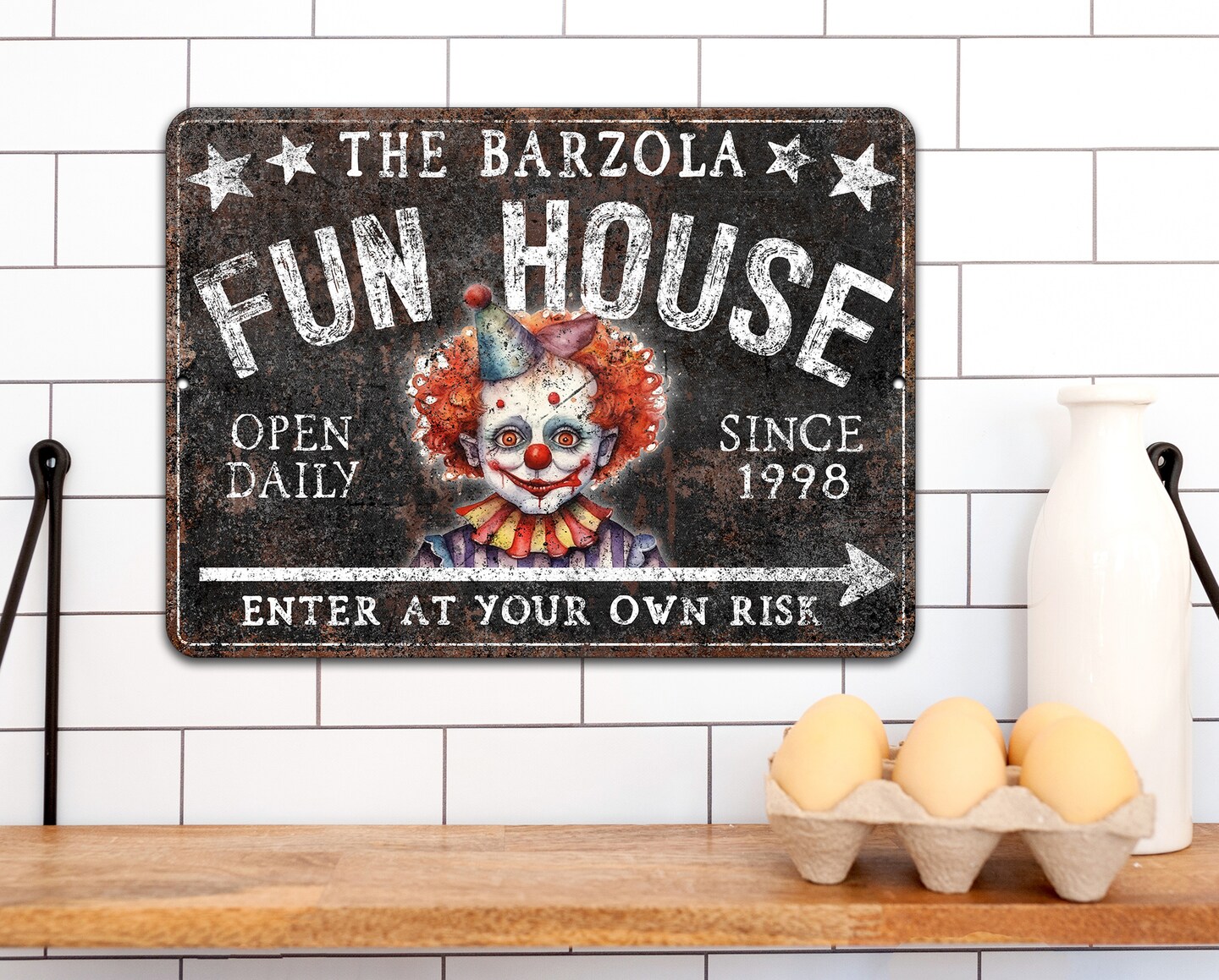 Custom FUN HOUSE Creepy Clown Metal Sign Personalized Name Porch Patio ...