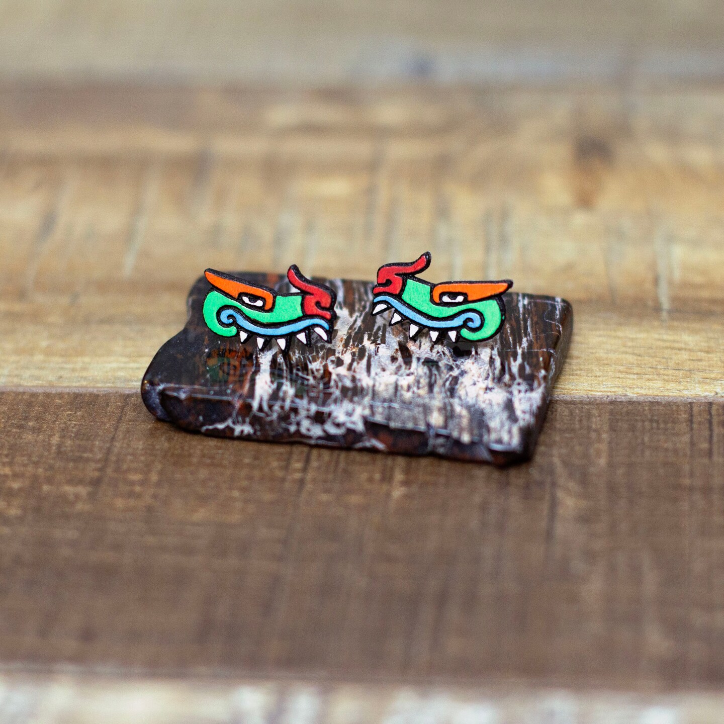 Cipactli (Crocodile or Caiman) wood stud earrings, hand painted, Aztec ...