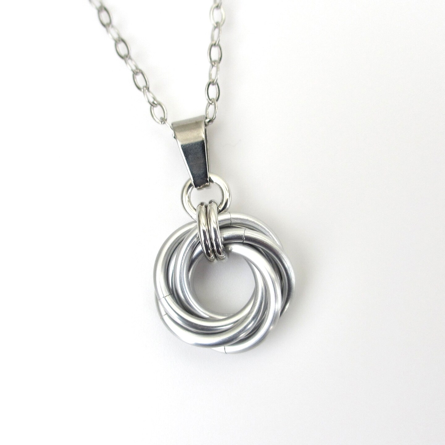 Silver chainmail love knot pendant necklace, small, simple minimalist ...