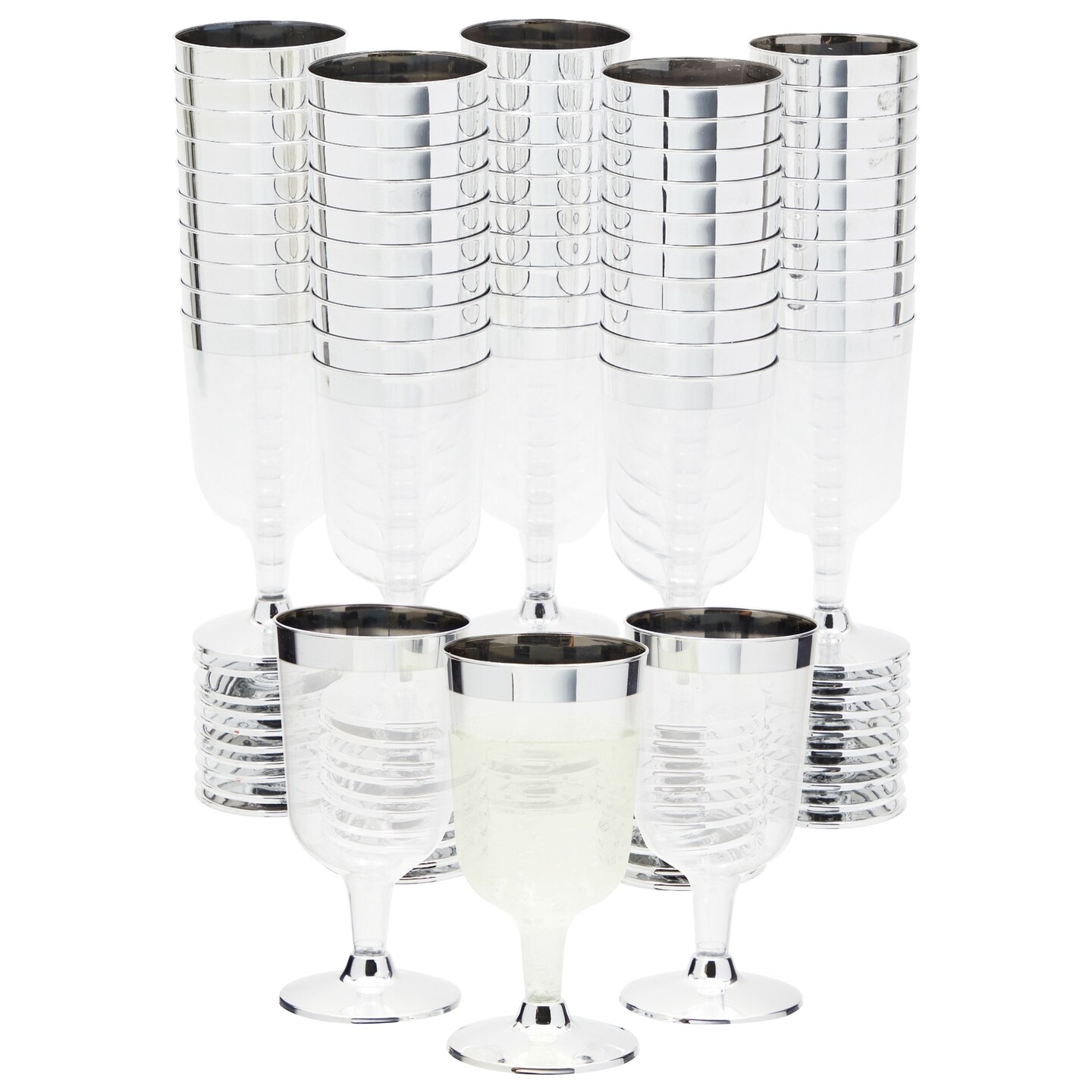 7 Oz Plastic Wine Glasses With Stems Silver Rimmed Disposable Goblet
