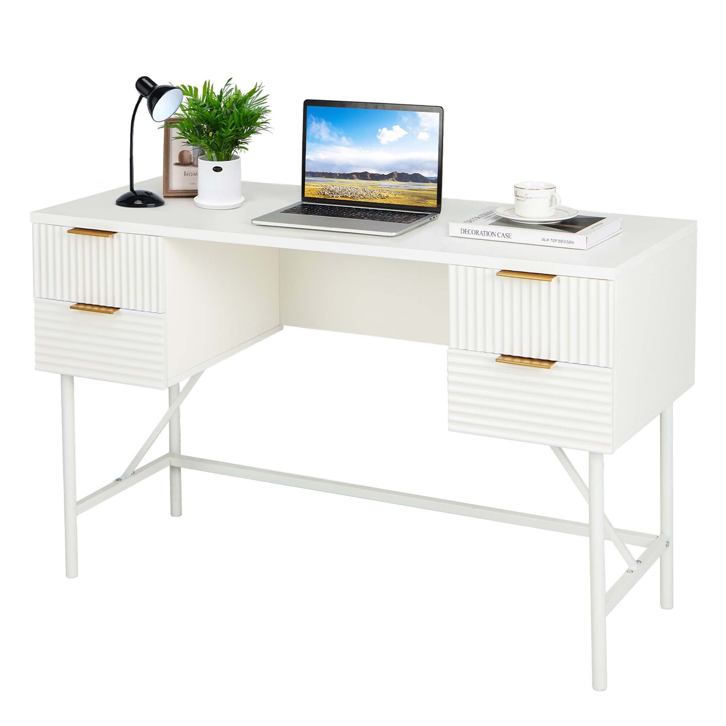 Costway 48" Computer Desk with 4 Drawers Storage Metal Frame Modern ...