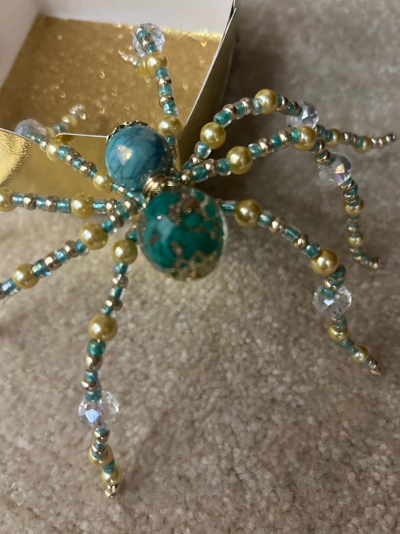 Handmade, green marbled jeweled beaded Spider with gift box, 2024 charm ...