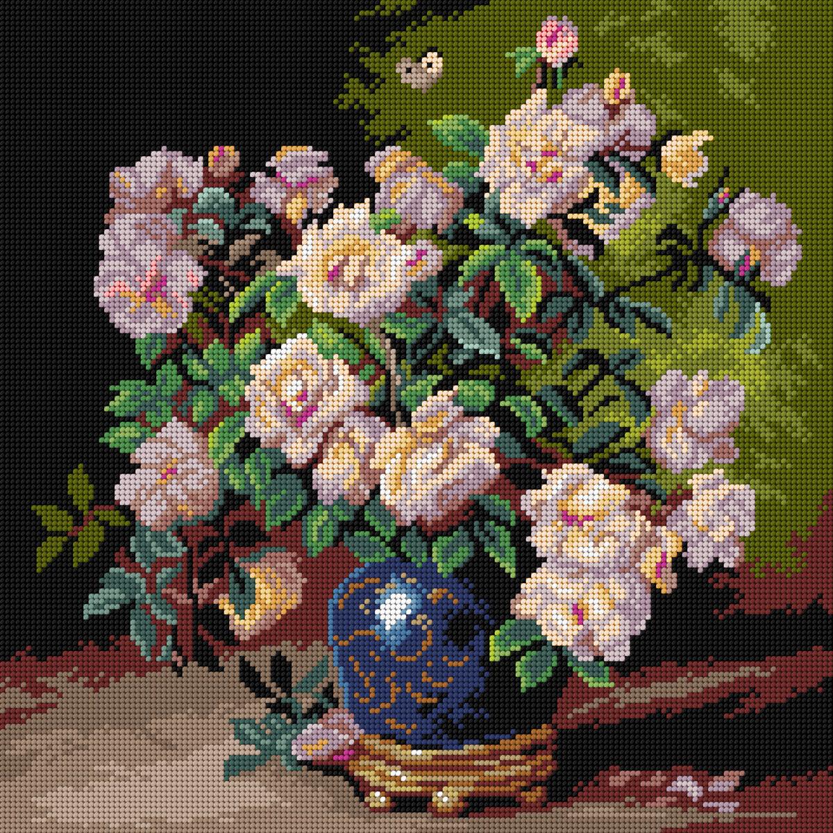 Roses in a Cobalt Vase 3480L Needlepoint canvas for halfstitch without ...