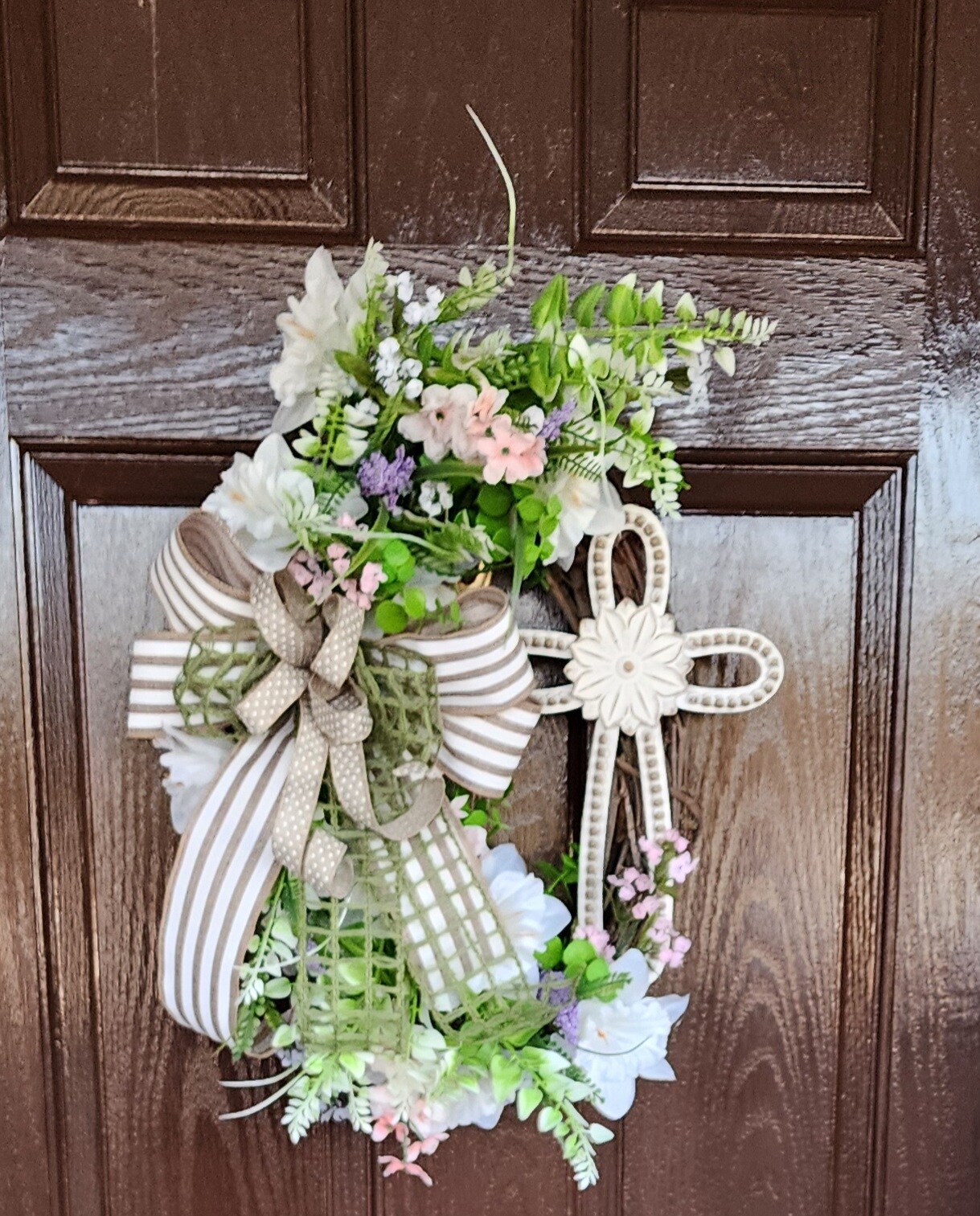 Easter Lily Floral Grapevine Wreath for Front Door, Cross Wreath, Wedding Gift, Baptism, Easter ...