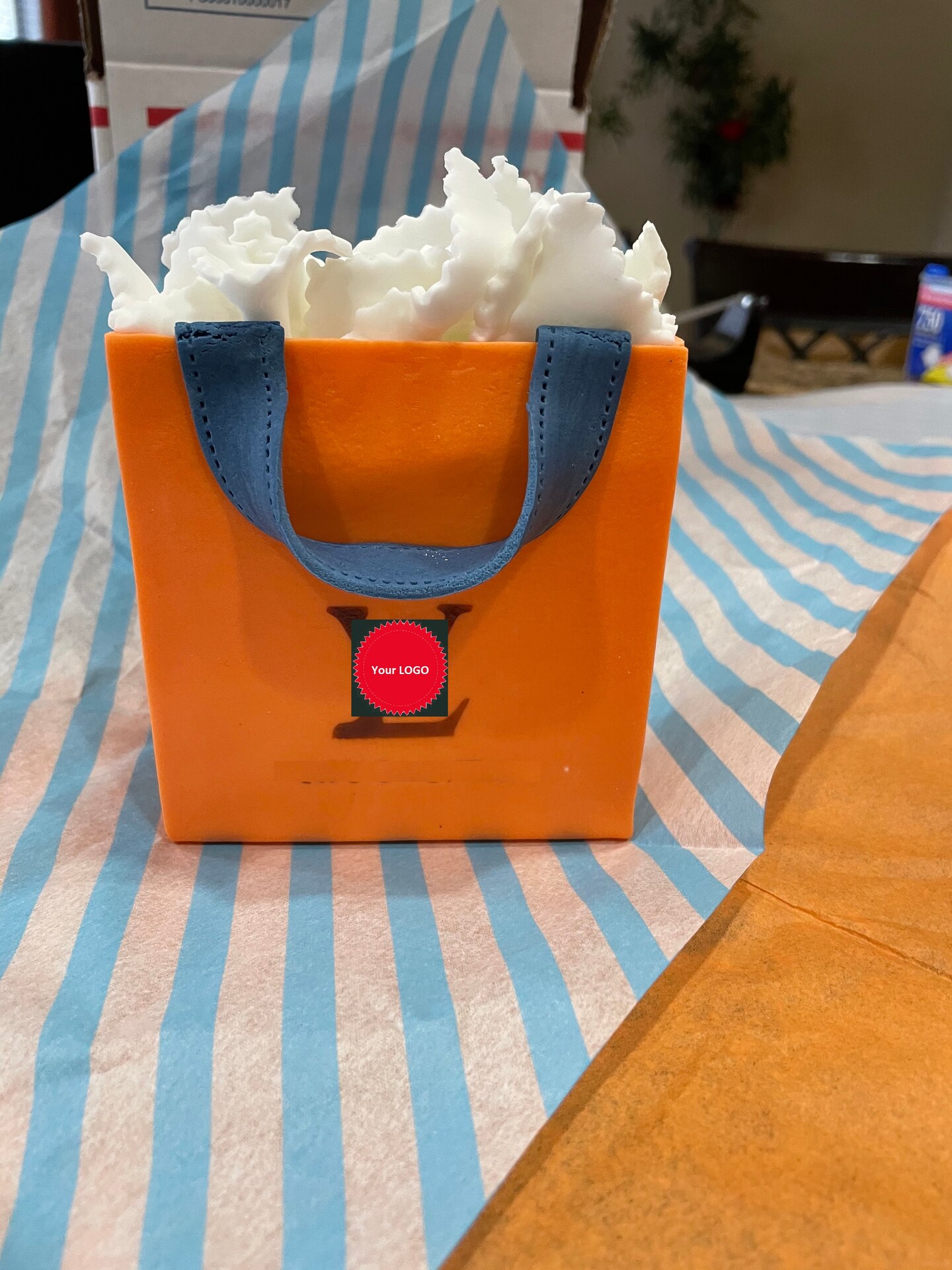 One orange gum paste shopping bag cake topper. Birthday, shower, party ...