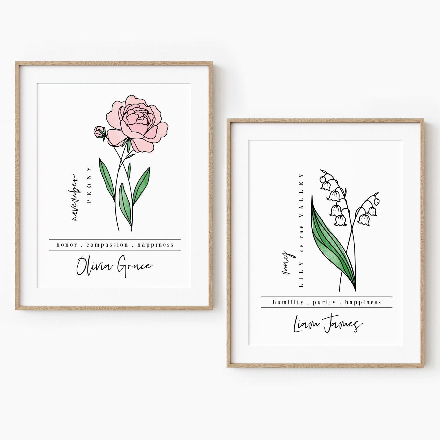 Personalized Name Birth Flower Print Unframed Floral Line Art | Custom ...