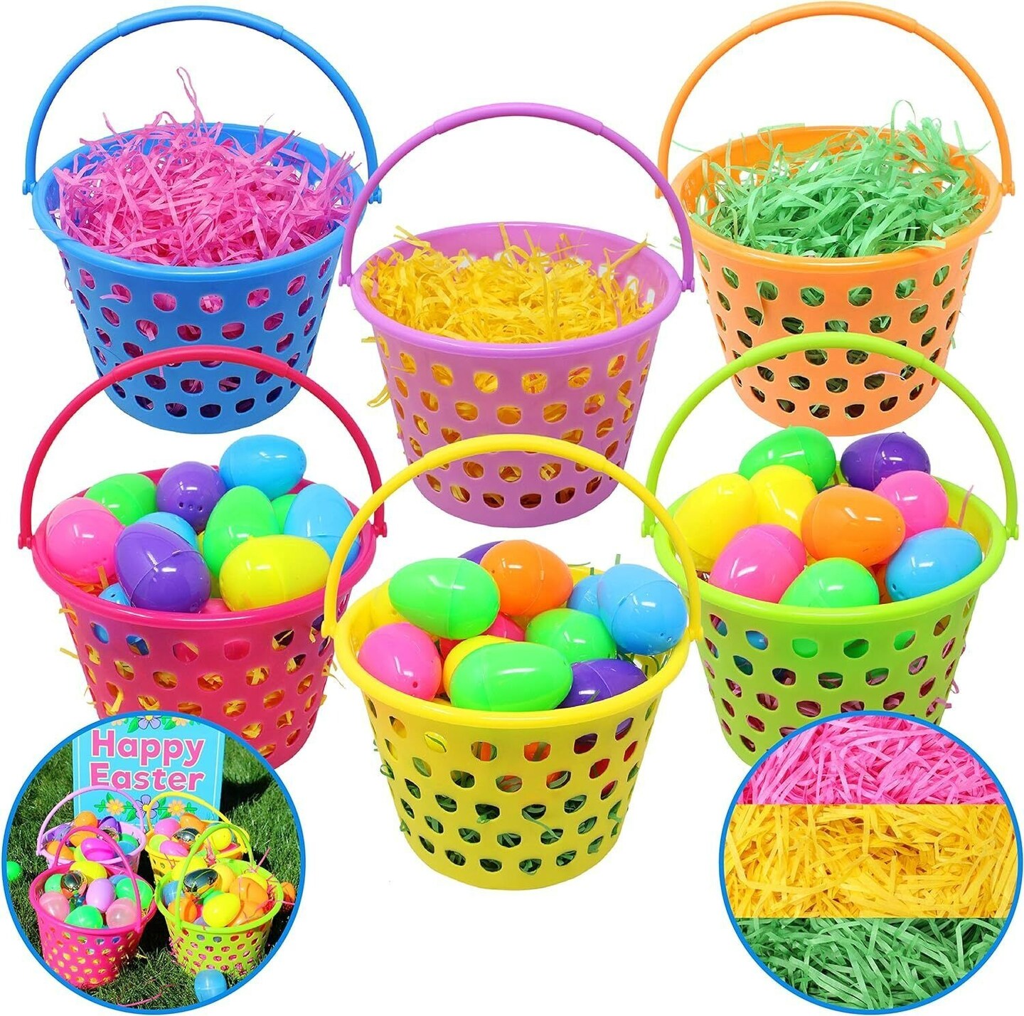 6 Pcs 8" Easter Egg Baskets with Handle, 55 g Tricolors Easter Grass ...