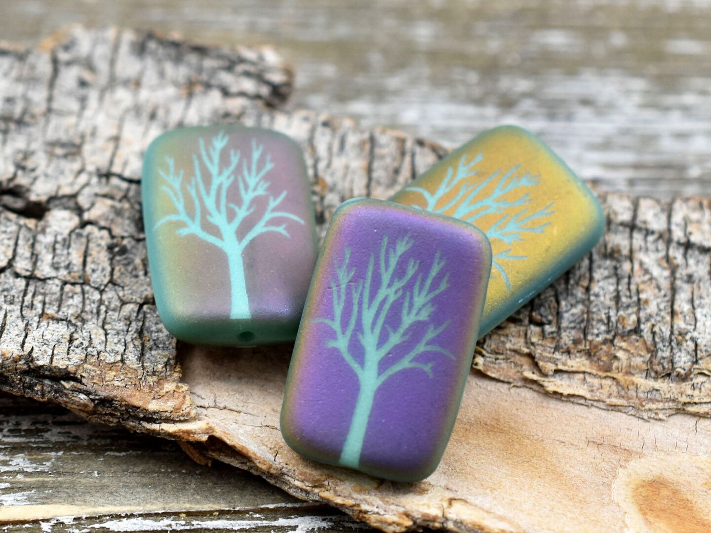 *6* 19x12mm Matte Turquoise Rainbow Laser Etched Tree of LIfe Rectangle ...
