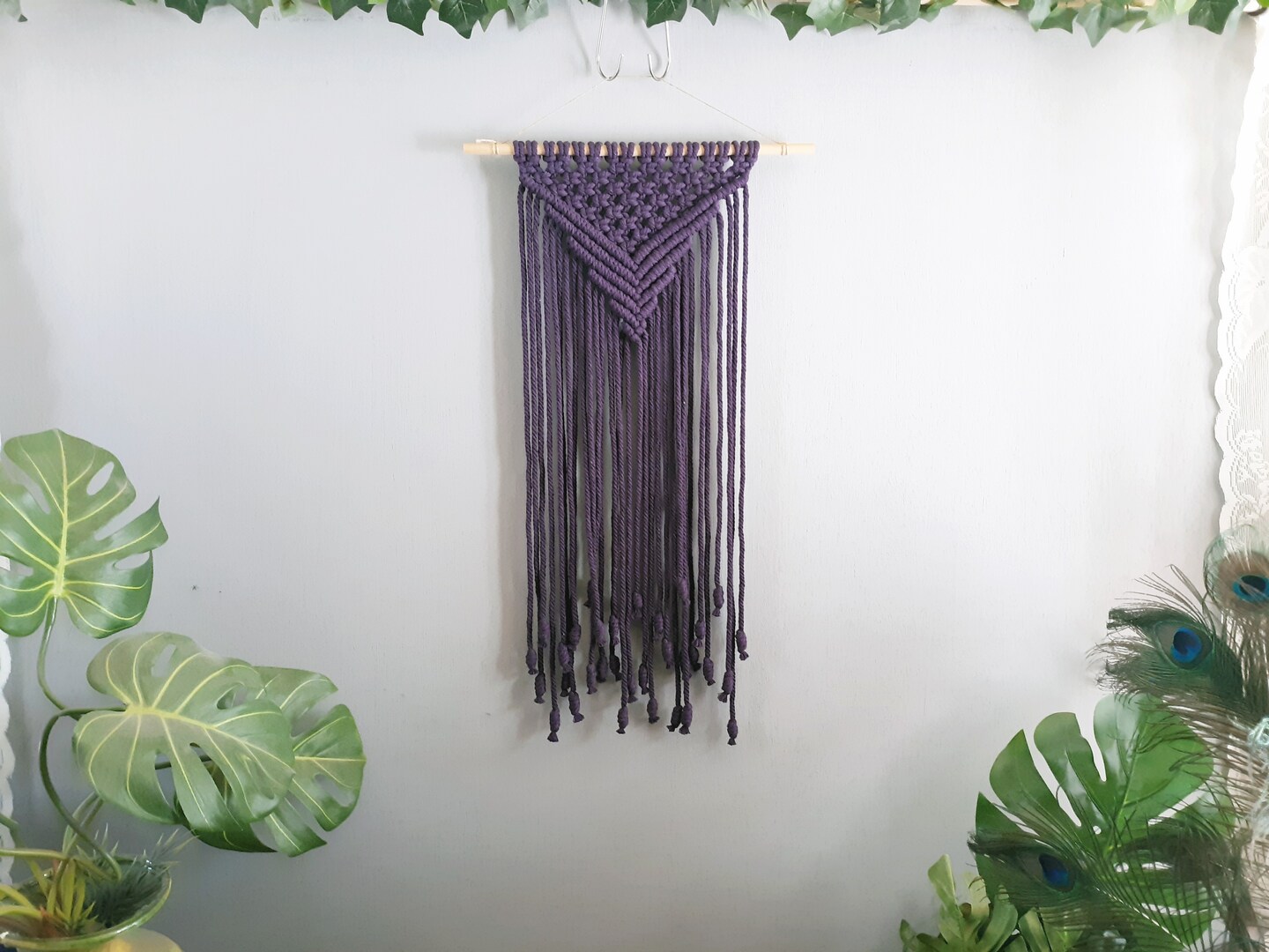 Dark Purple Macrame Wall Hanging for Small Home, Simple Bohemian Fiber ...
