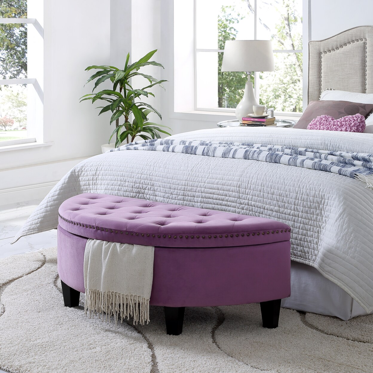 Inspired Home Leandra Linen Or Velvet Storage Ottoman Half Moon
