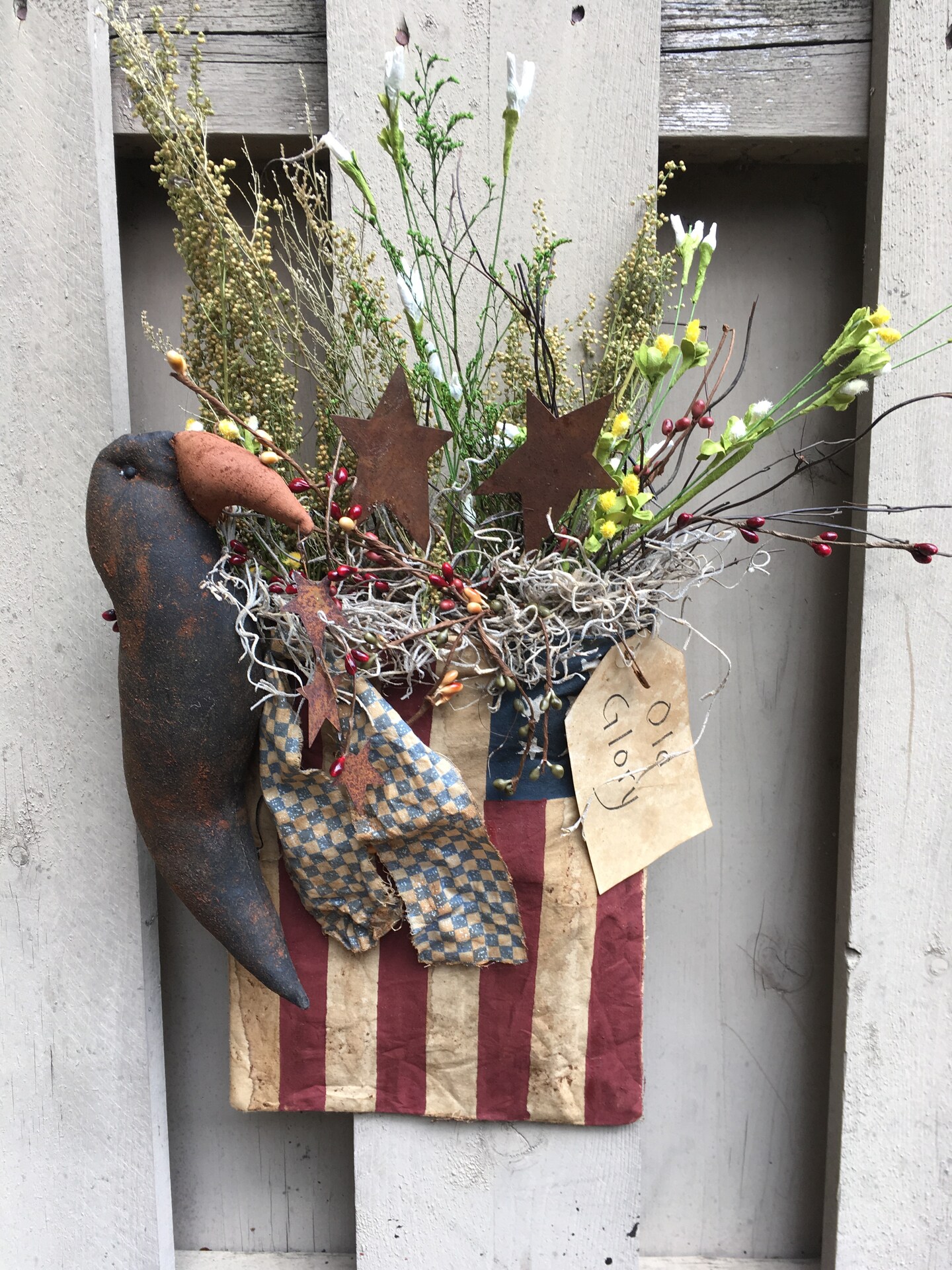Handmade Primitive American Flag with Crow Wall Accent , Primitive Wall ...