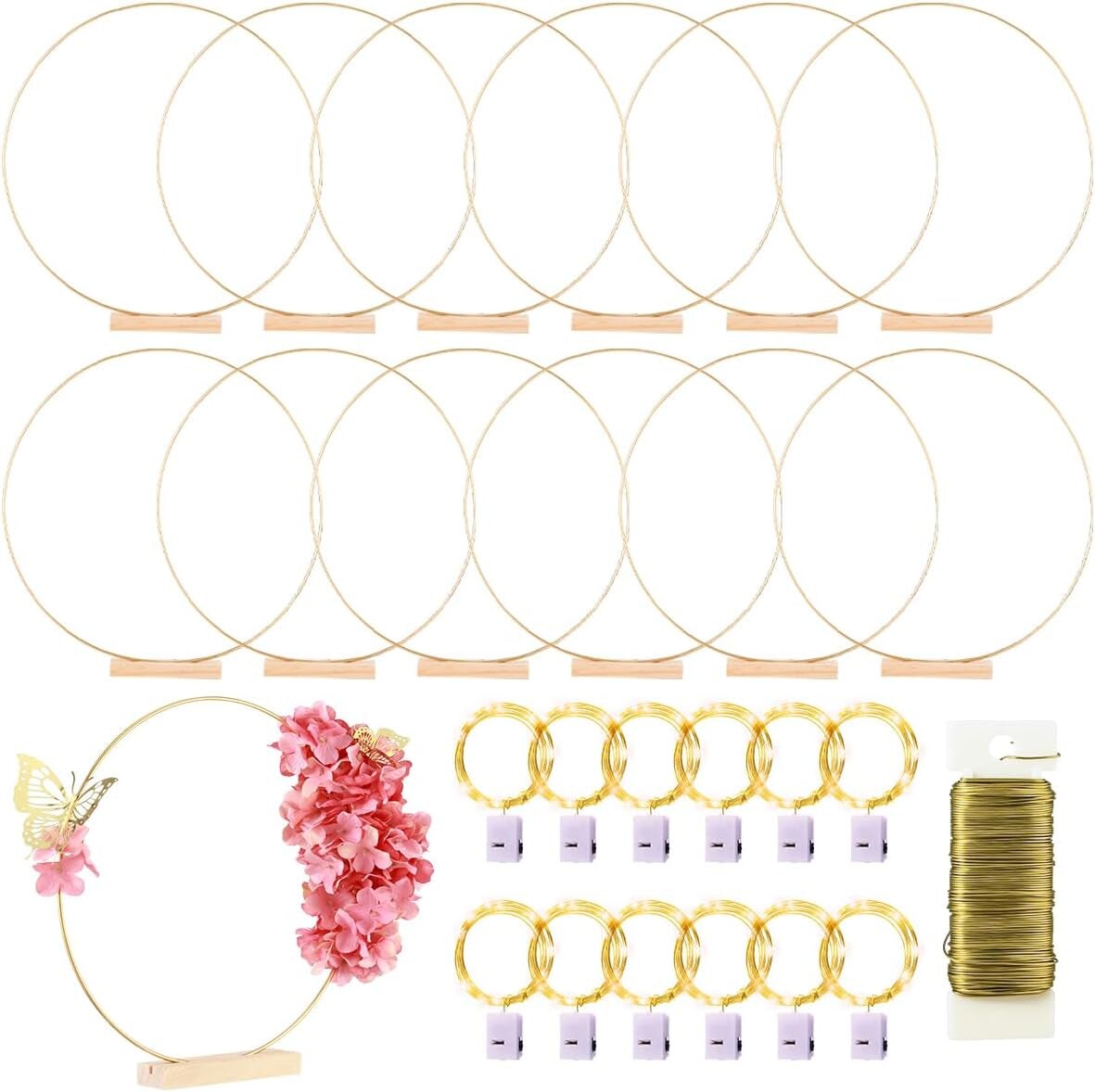 12 Pack Floral Hoop with Stand and LED Fairy Lights 14 Inch Metal Rings ...