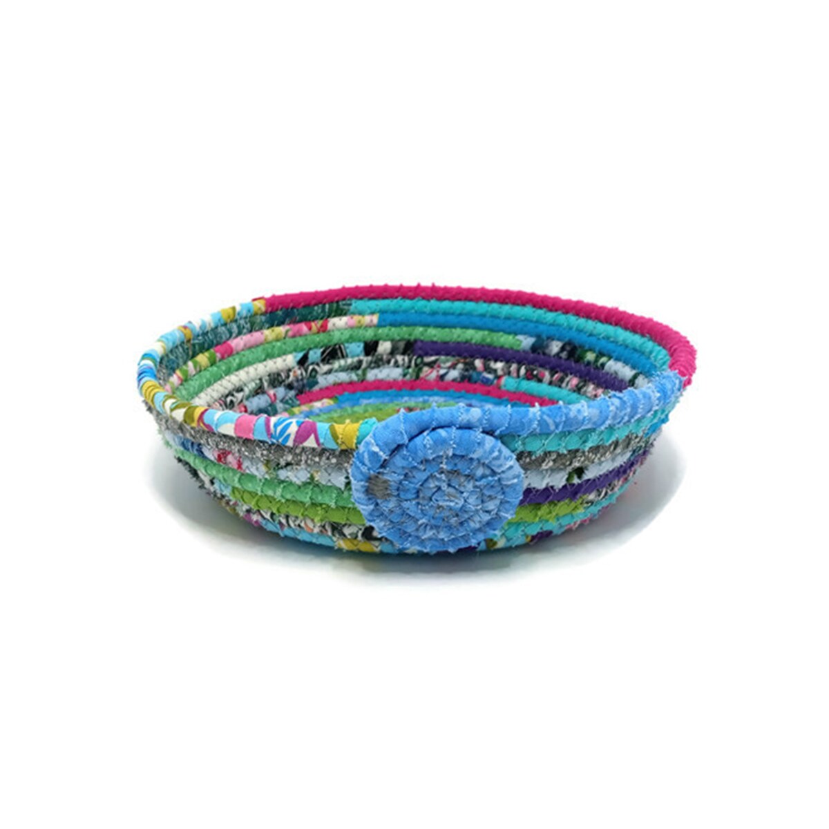 Multicolor boho coiled rope and cotton fabric basket bowl. Round fabric ...