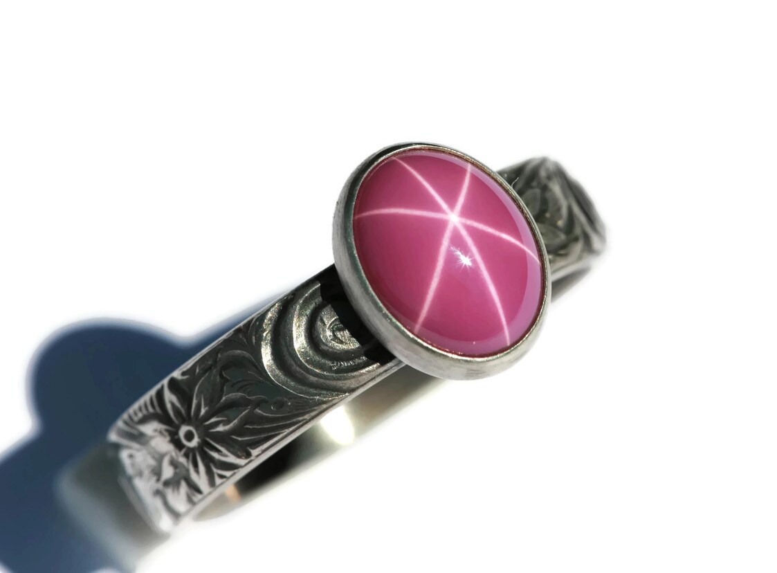 10x8mm Lab Created Pink Star Ruby 925 Antique Sterling Silver Rose and ...