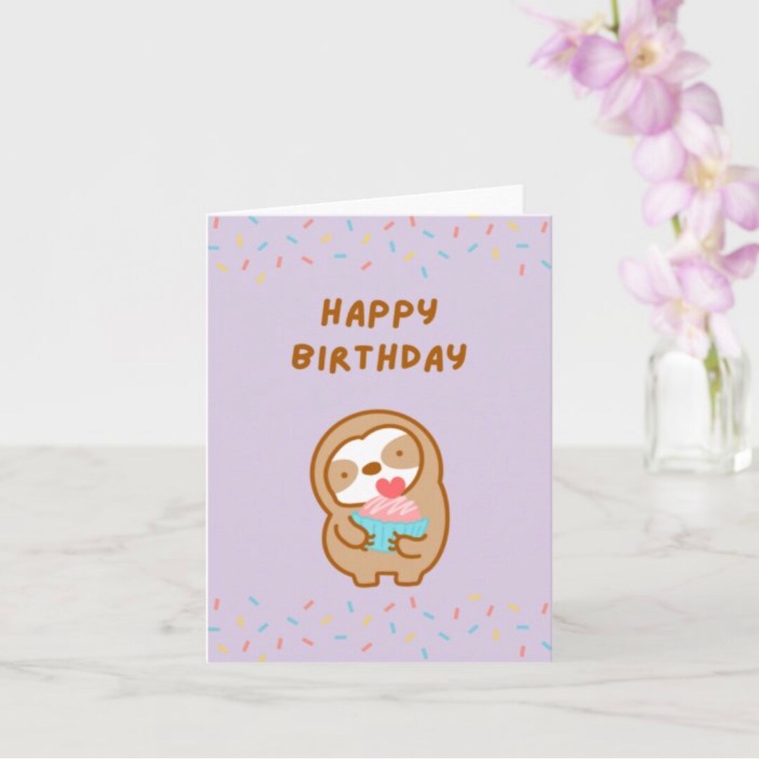 Happy Birthday Cupcake Sloth, Cute Sloth Birthday Card, Kawaii Card for ...