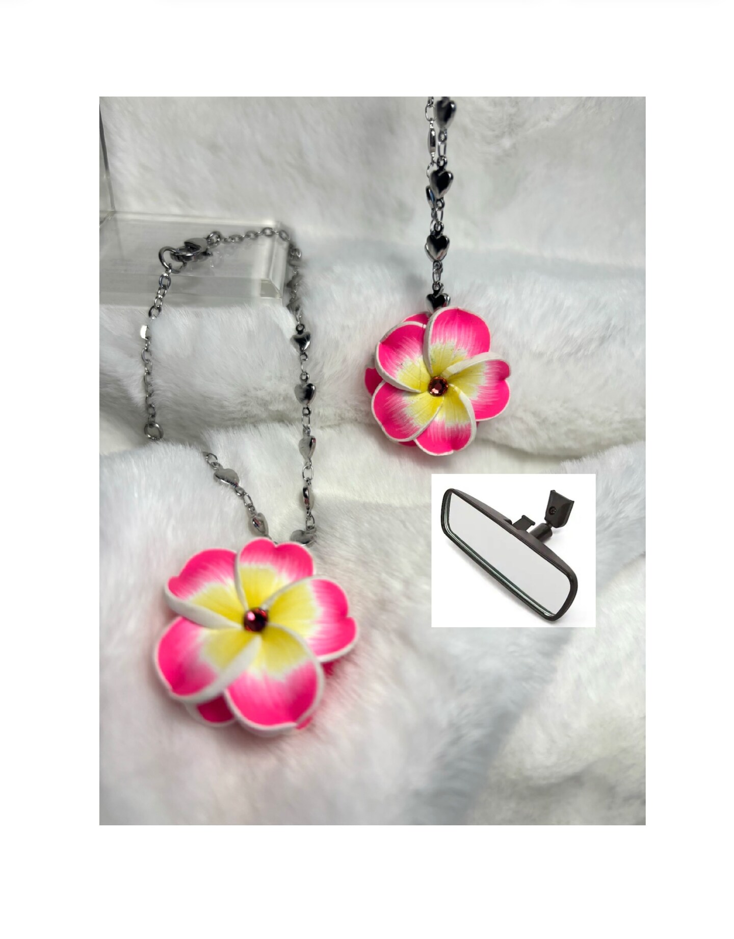 Car Rearview Mirror 30mm PINK Plumerias (2) with Pink Crystal middle on ...