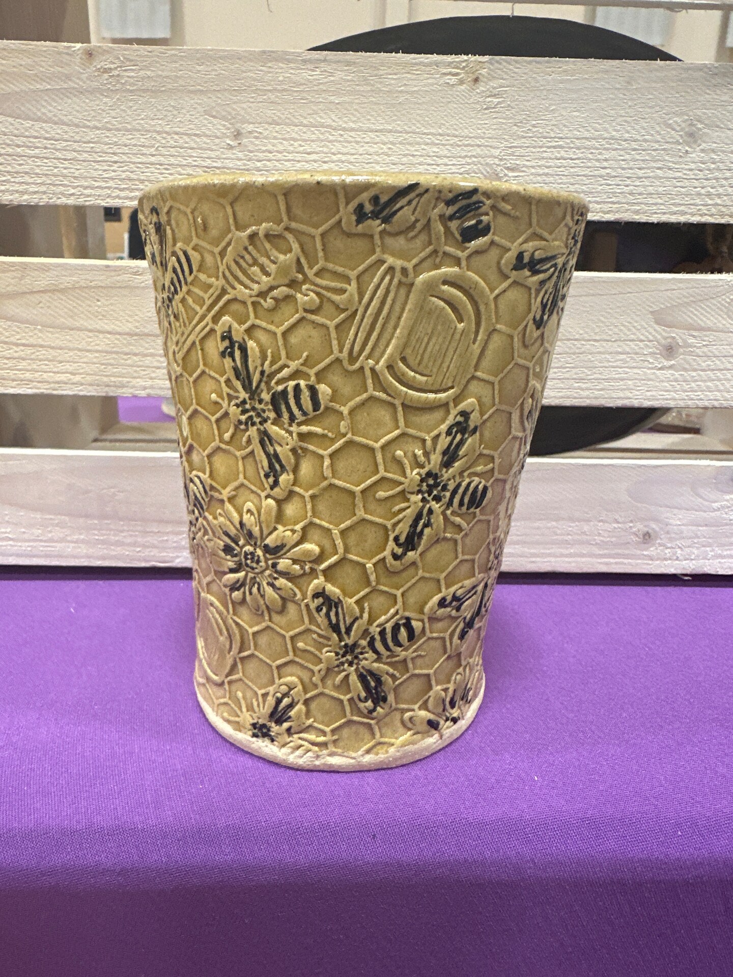 Handcrafted pottery planter with honeycomb, bees and sunflowers ...