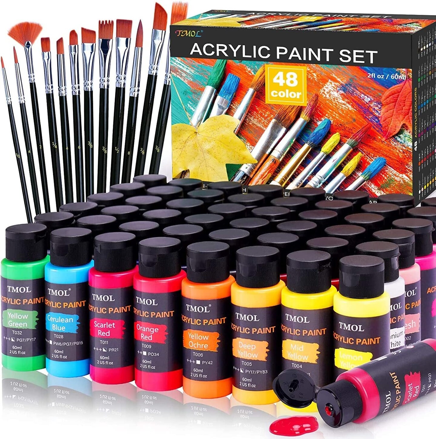 Acrylic Paint Set with 12 Art Brushes, 24 Colors (2 Oz/Bottle) Acrylic ...