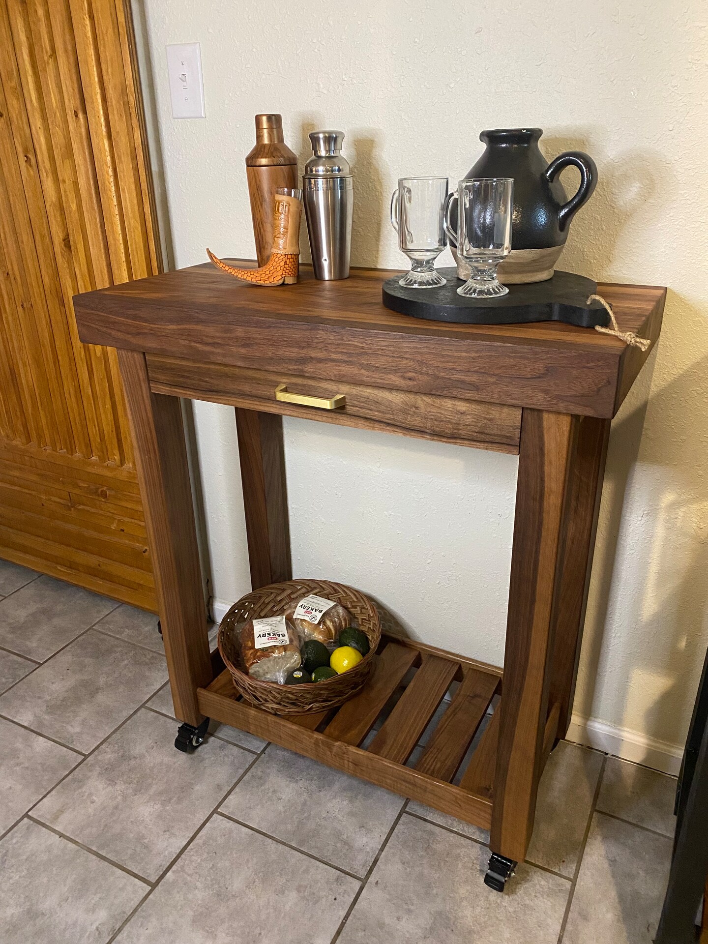 Walnut Butcher Block Cart with Drawer and lockable wheels. Solid wood ...