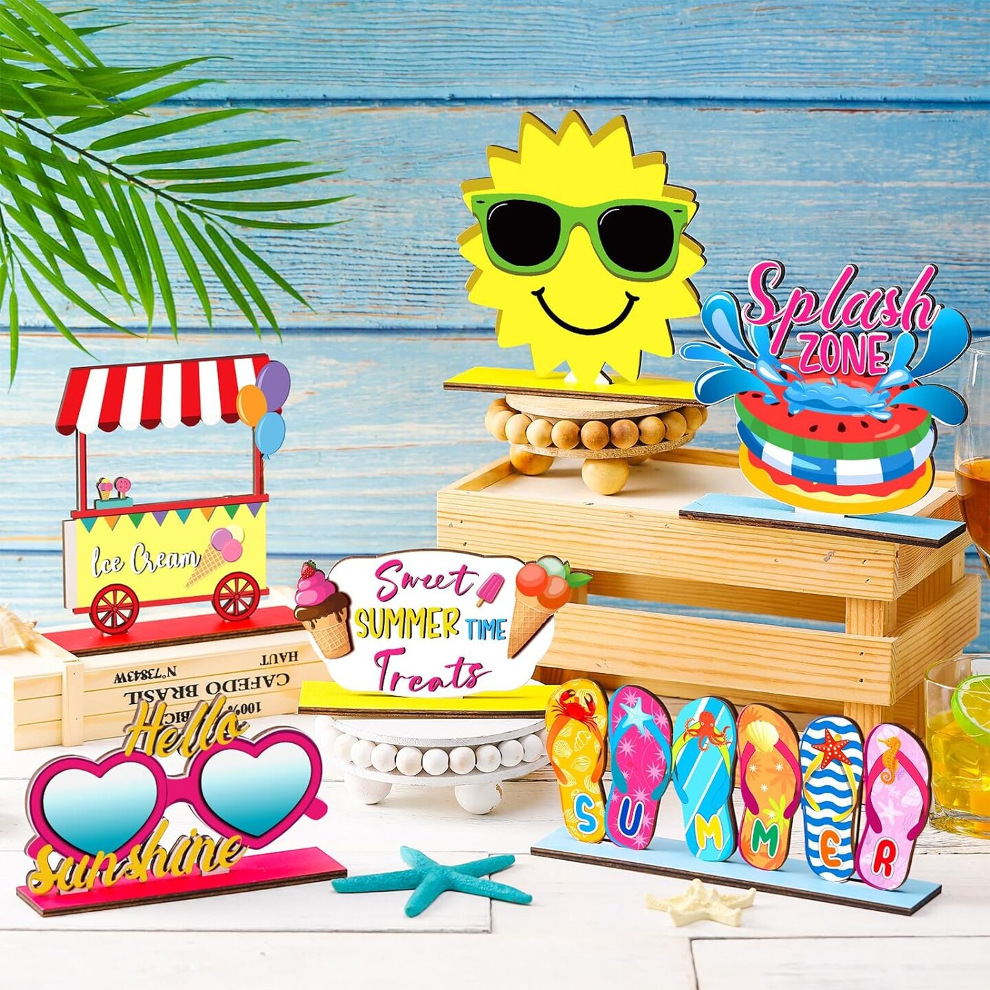 Summer Wooden Table Decor, 6 Pieces Hi Summer Wood Signs Sunshine ...