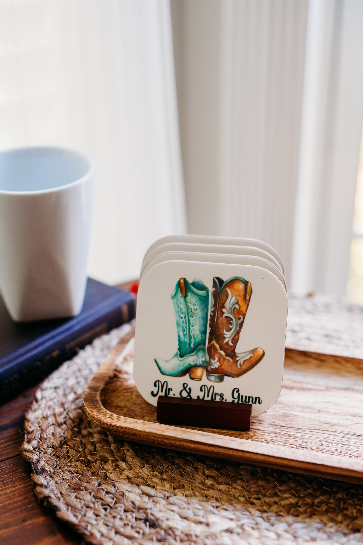 Western Wedding Gift, Personalized Coaster Set with Holder ...