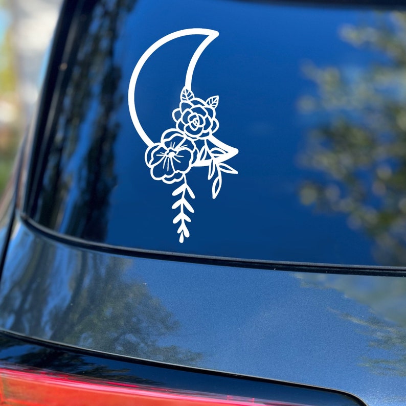 Moon Flower Decor, Car Decal, Laptop Sticker, Moon Vinyl Decal, Flower ...