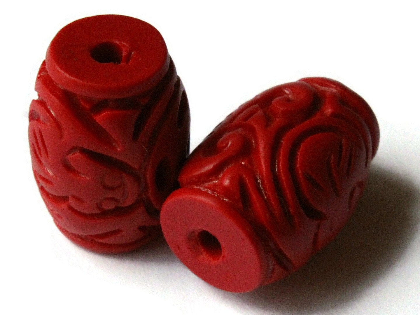 2 Carved Cinnabar Barrel Beads Loose Lacquer Tube Beads Red Patterned ...