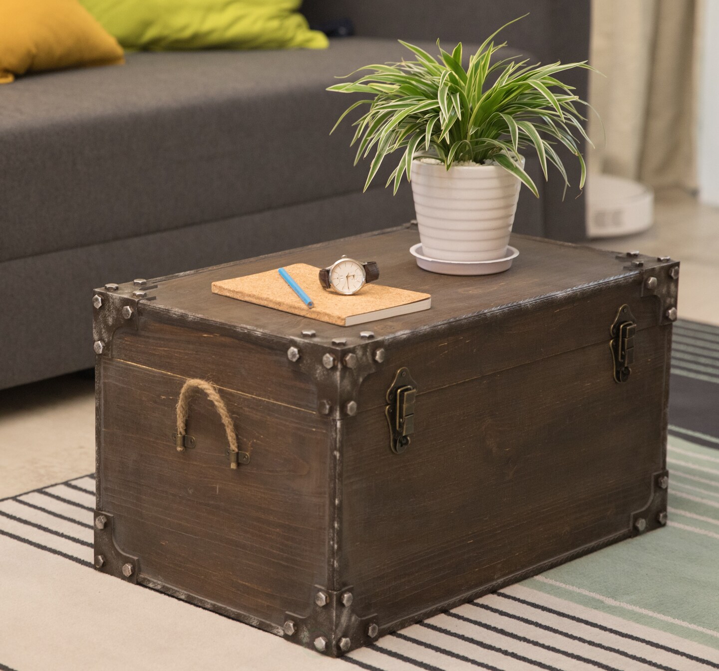 Distressed Wooden Vintage Industrial Style Decorative Trunk with ...