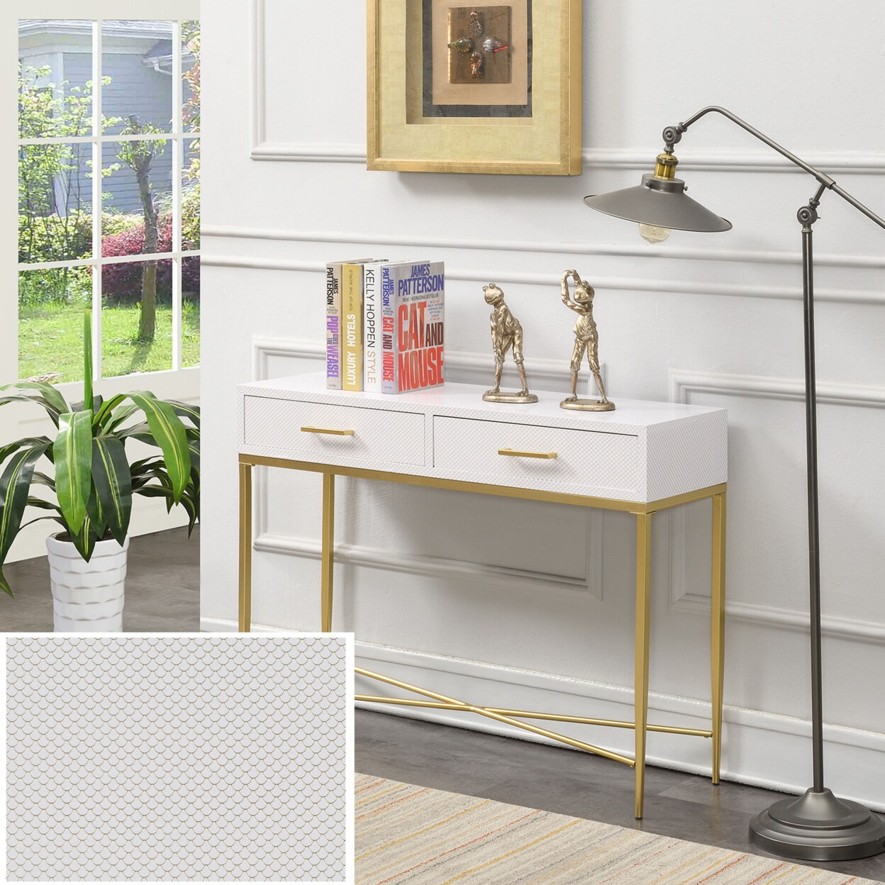 Convenience Concepts Ashley Console Table, White Scallop and Gold ...