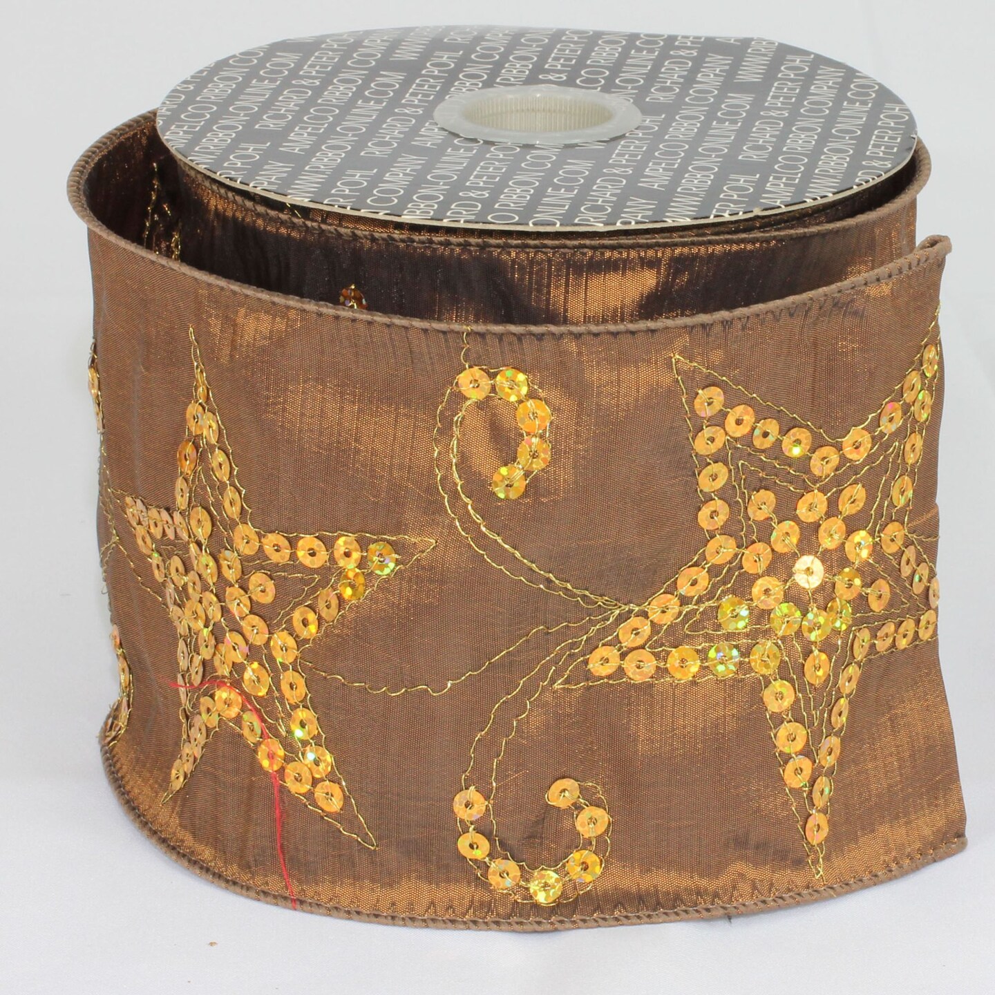 The Ribbon People Brown and Gold Sequined Stars Wired Craft Ribbon 4" x ...