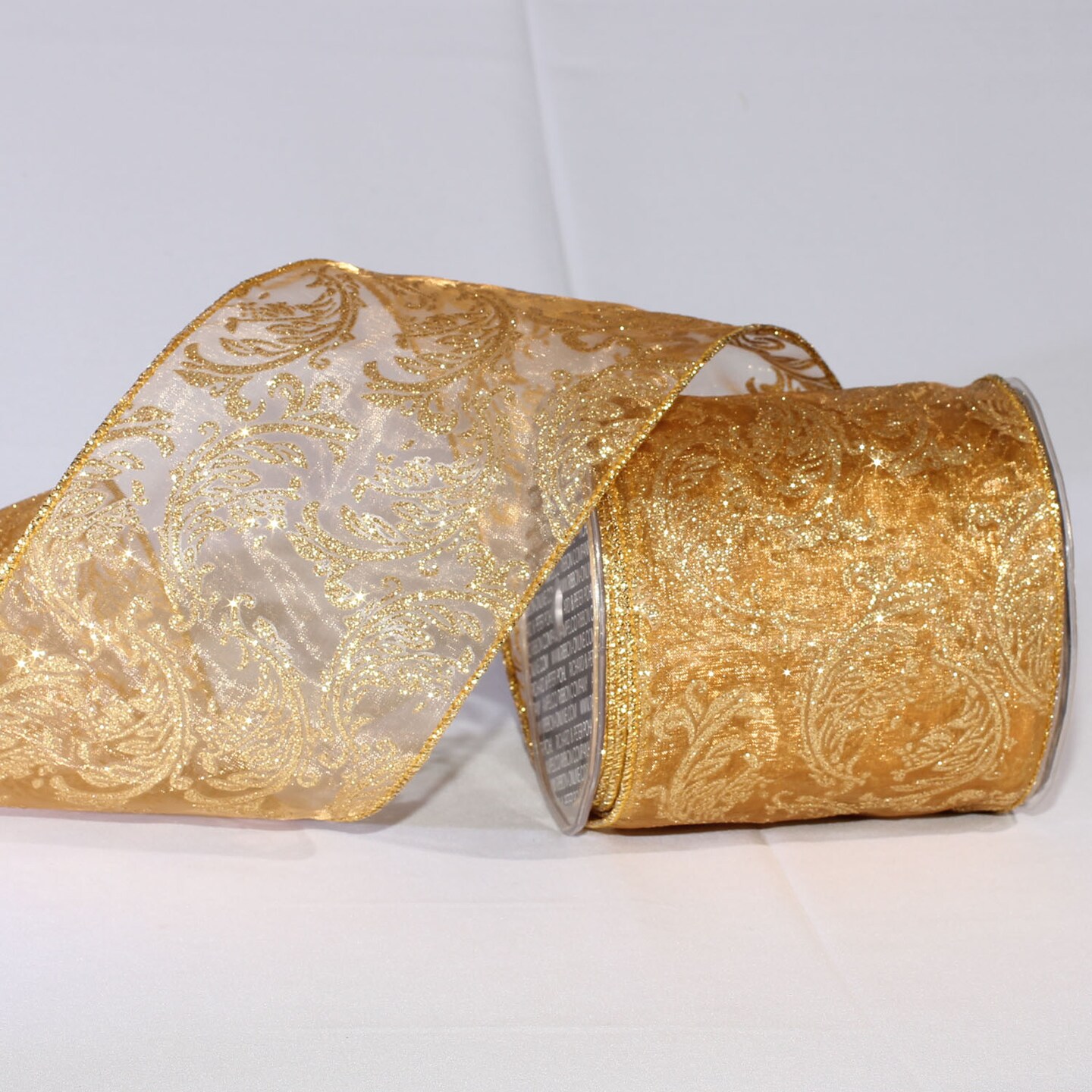 The Ribbon People Shimmering Gold Sheer Ornamental Print Wired Craft ...