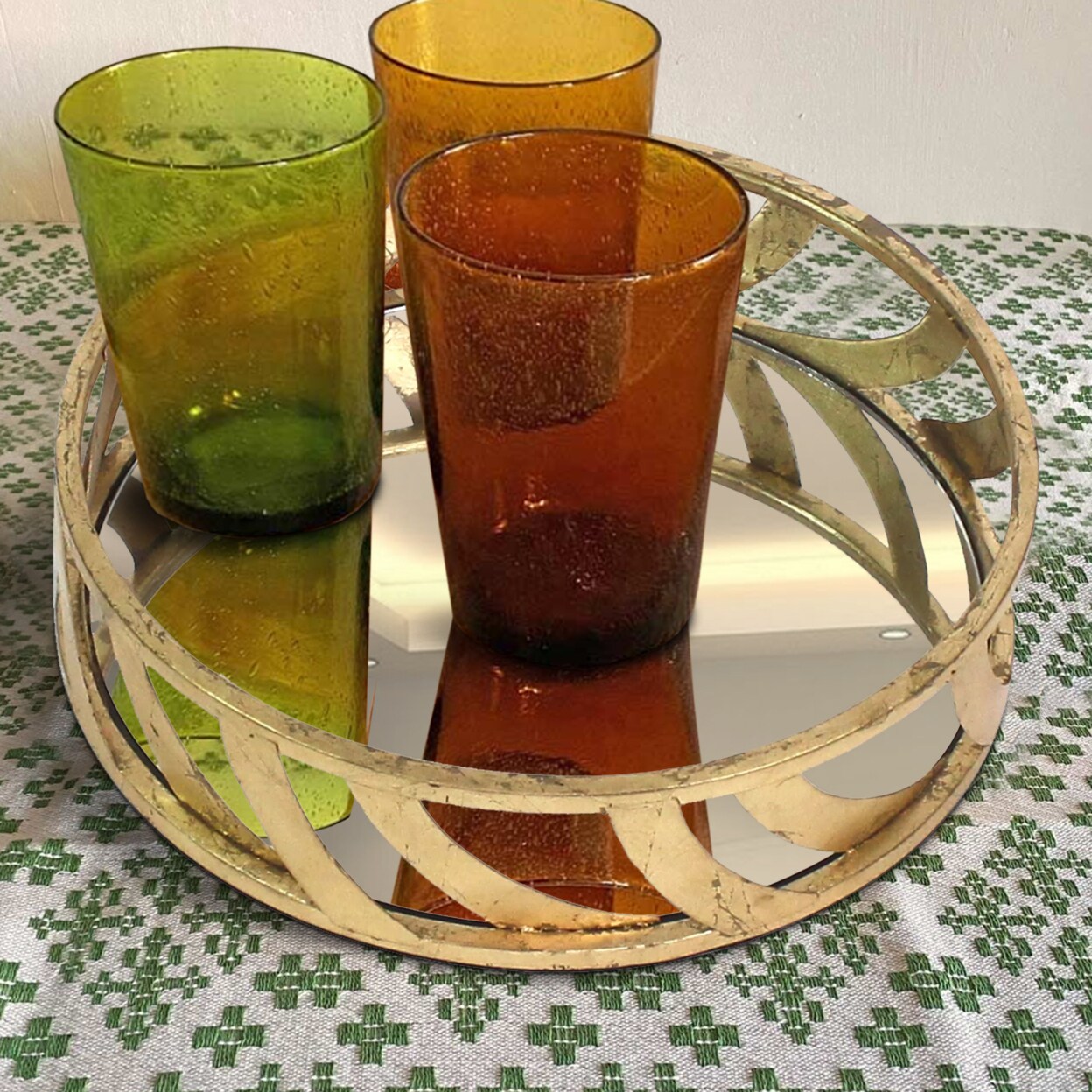 Saltoro Sherpi Round Metal Streamline Tray with Mirror Panel Inserts ...