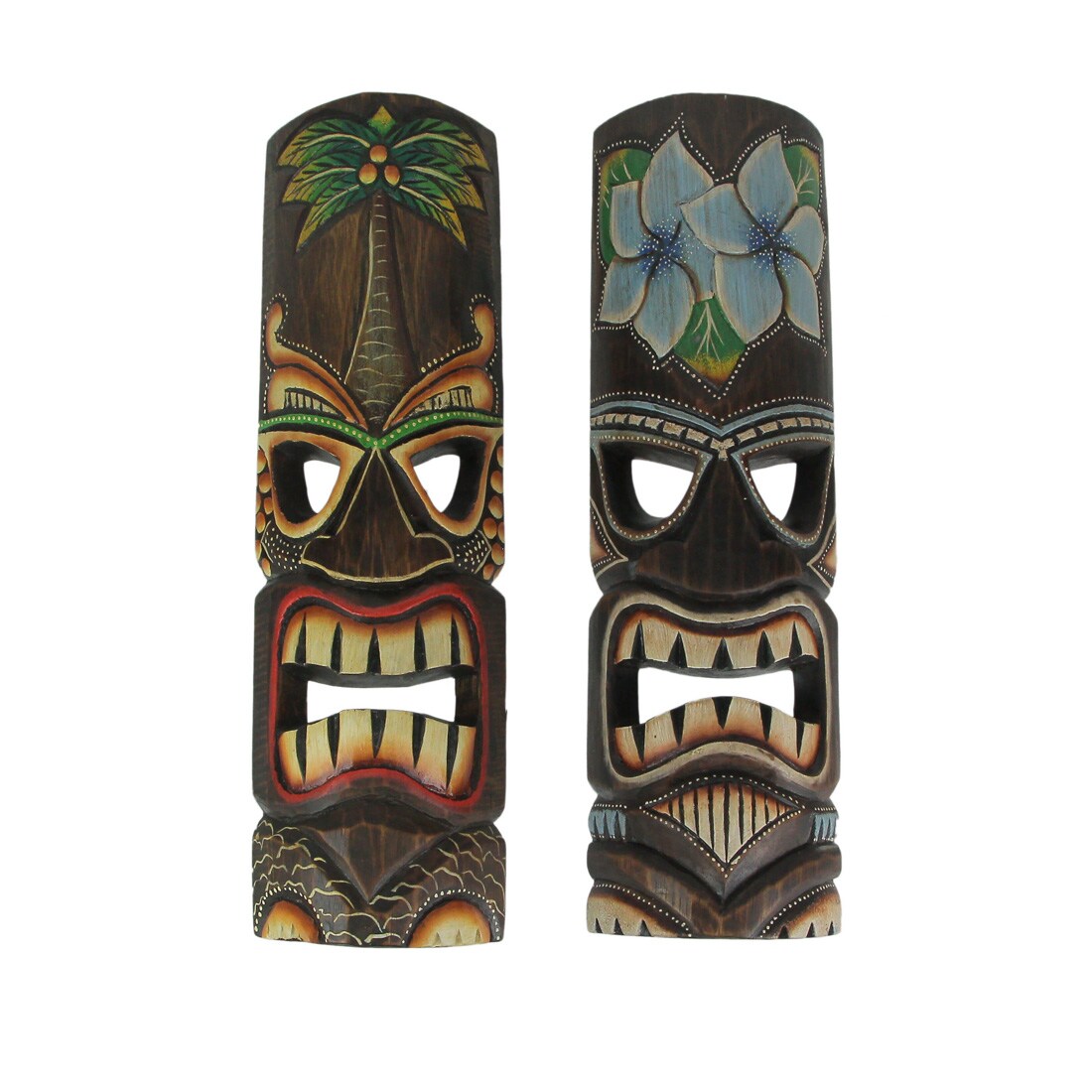 Set of 2 Wooden 20 Inch Tiki Wall Masks Palm Tree and Plumeria Flower ...