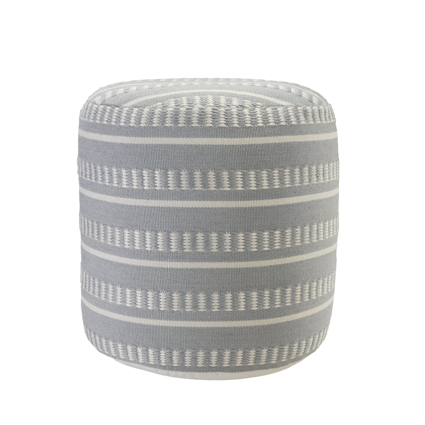 Laddha Home Designs 20" Gray and White Striped Round Outdoor Patio Pouf ...