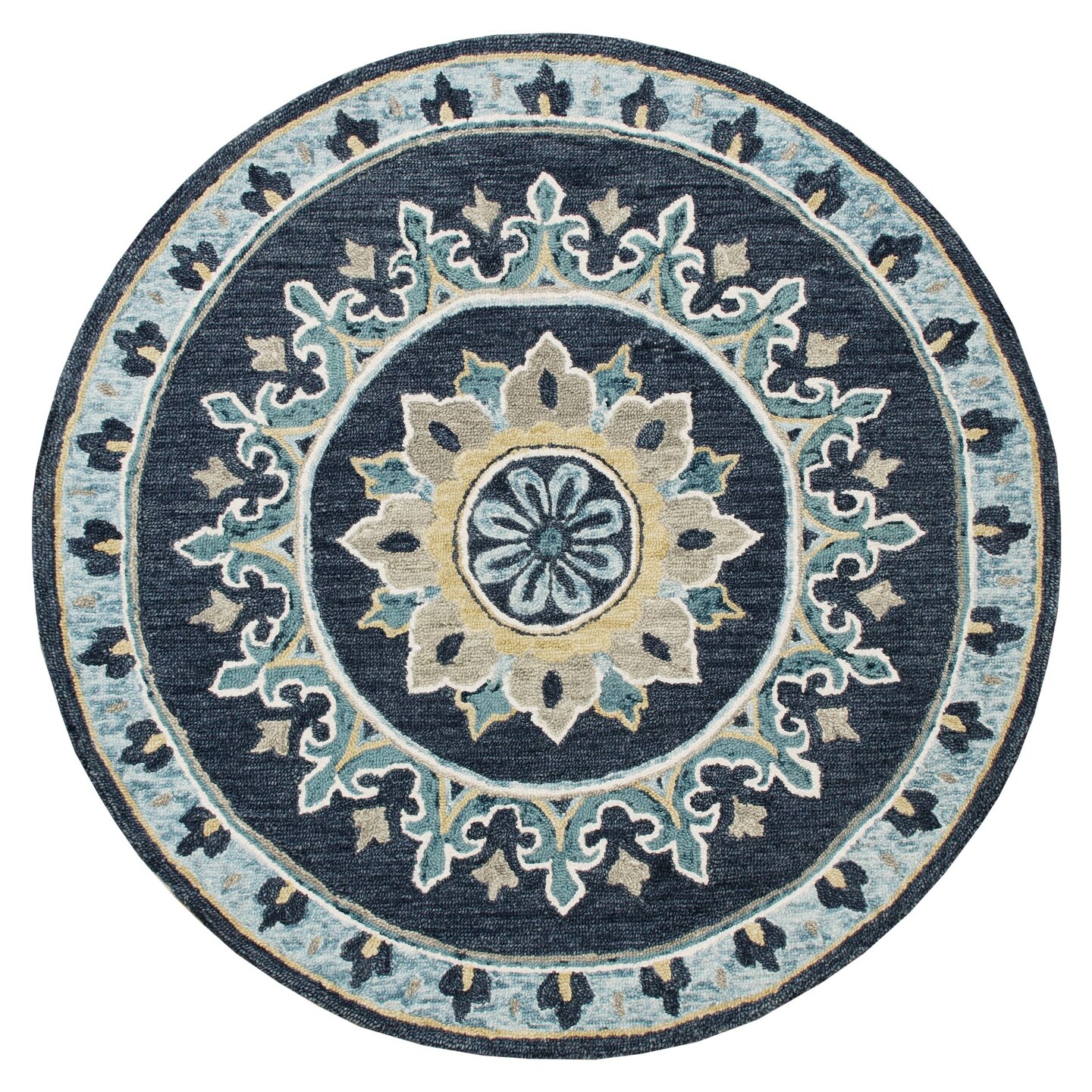 Laddha Home Designs 5' Blue and Yellow Floral Medallion Hand Hooked ...