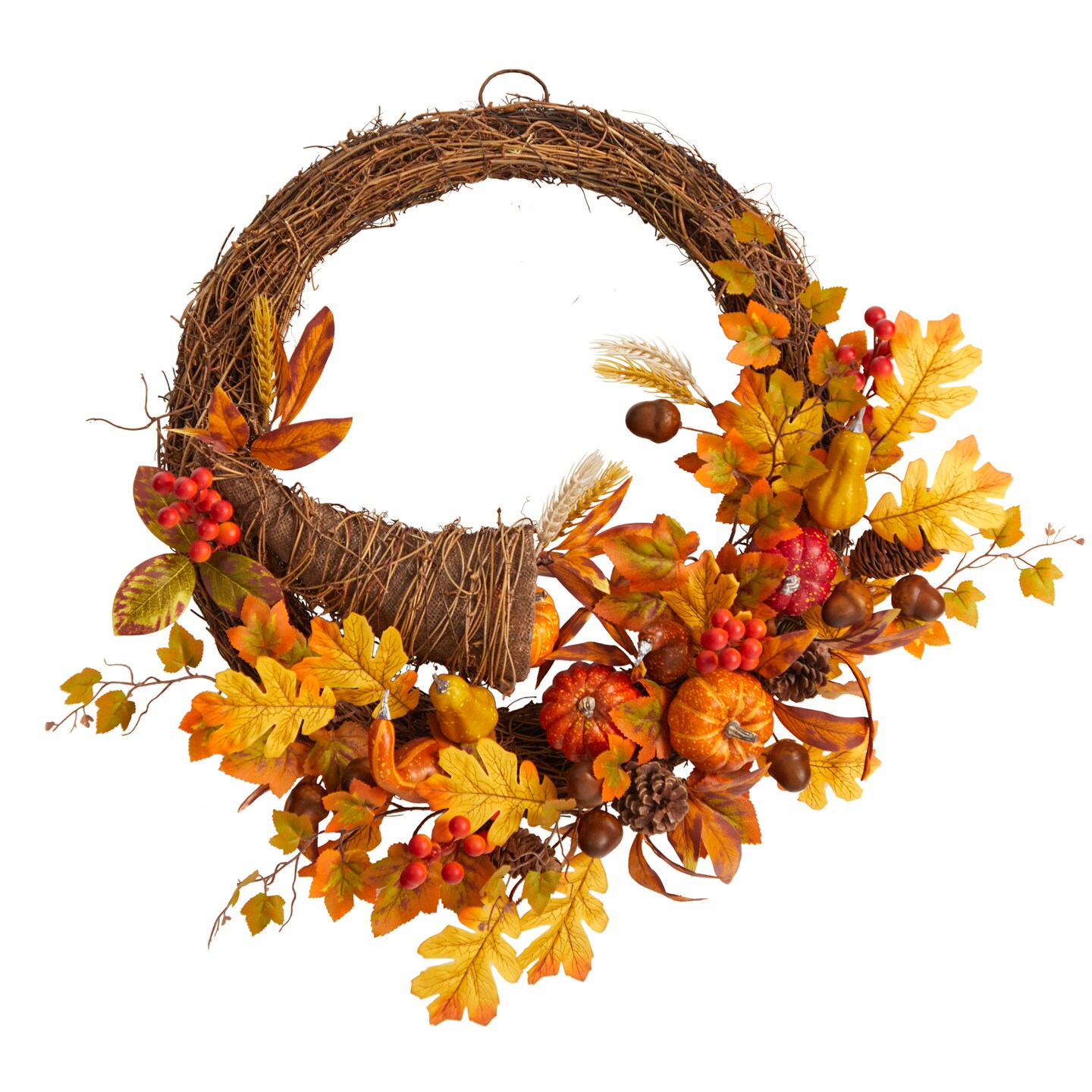 Nearly Natural Cornucopia with Pumpkin Artificial Fall Harvest Wreath ...